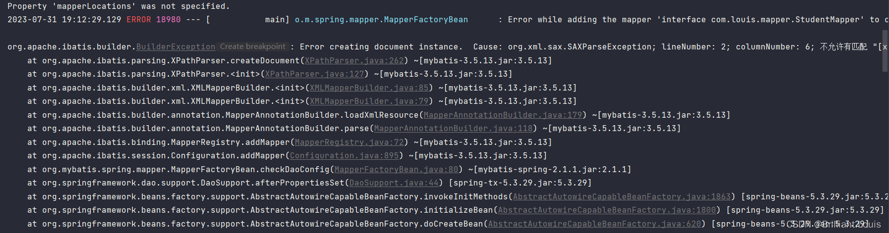 Error while adding the mapper ‘interface com.louis.mapper.StudentMapper‘ toxxx_error while ...