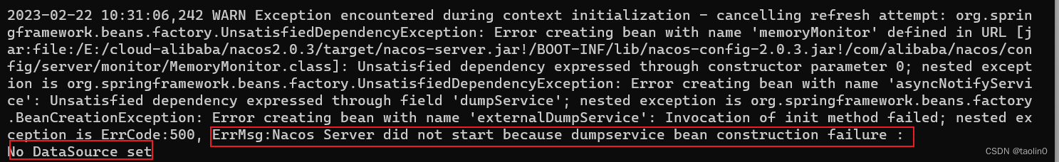 nacos启动报错Nacos Server did not start because dumpservice bean construction failure :No DataSource ...