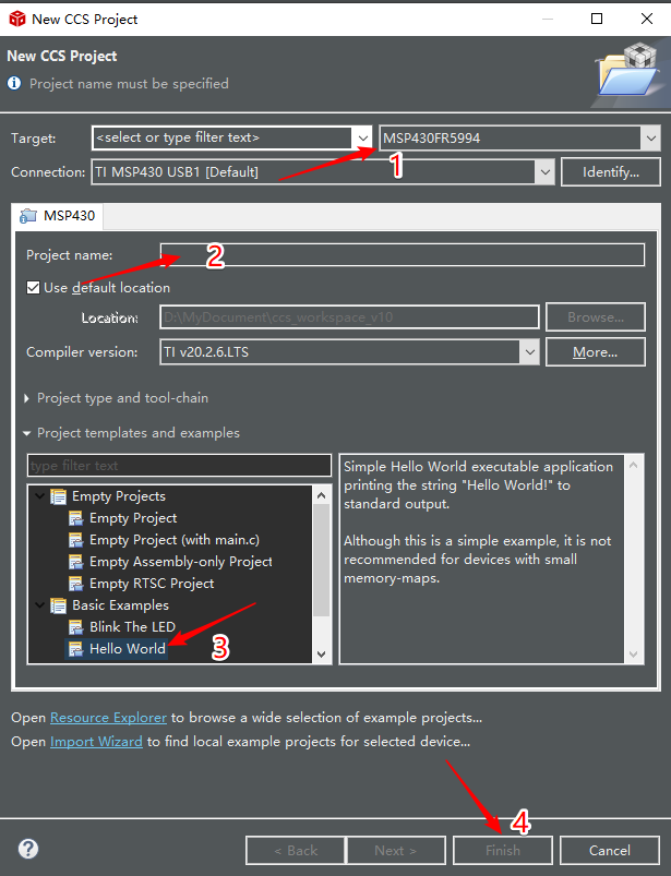 MSP430FR5994LannchPad开发笔记之一：CCS+DriverLib建立工程模板，及使用eZ-FET Debug进行printf_error: device ...