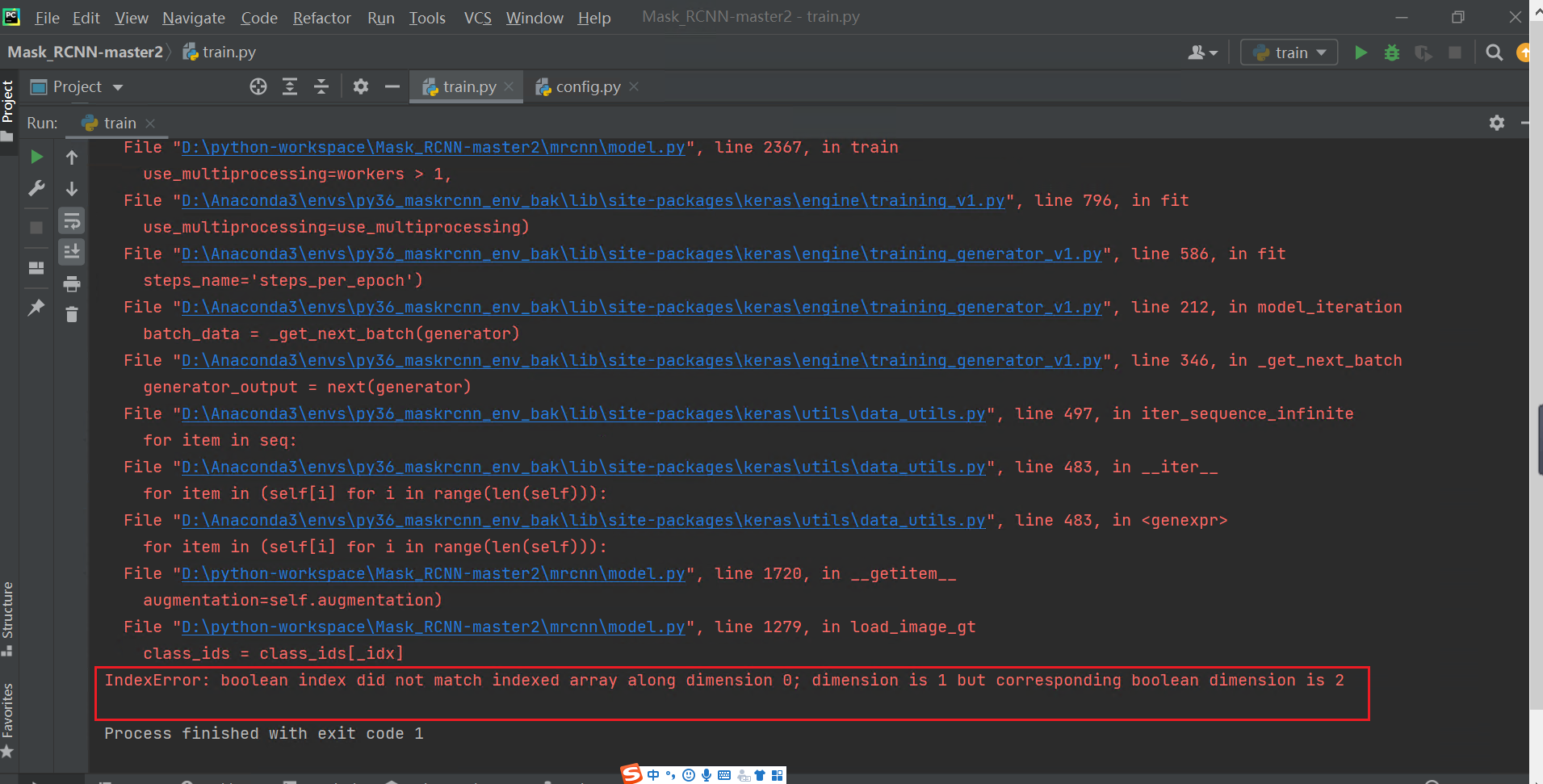 mask-rcnn在训练过程中，突然中断报错，提示：boolean index did not match indexed array along dimension 0；dimension ...