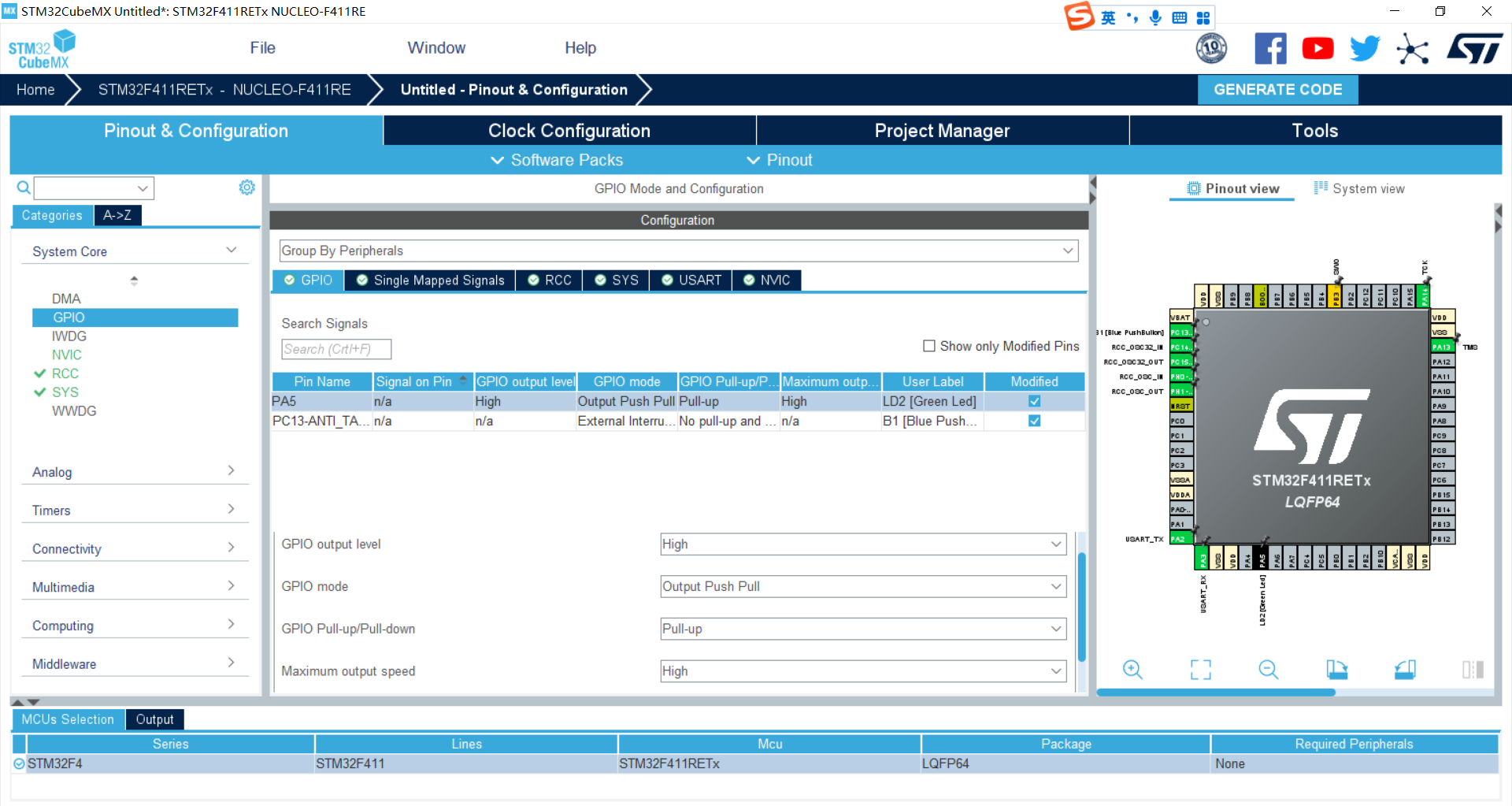 [Nucleo-F411RE] 第2篇--用stm32CubeMx创建工程配置GPIO的流程_stm32f411ret6nucleo板载led ...