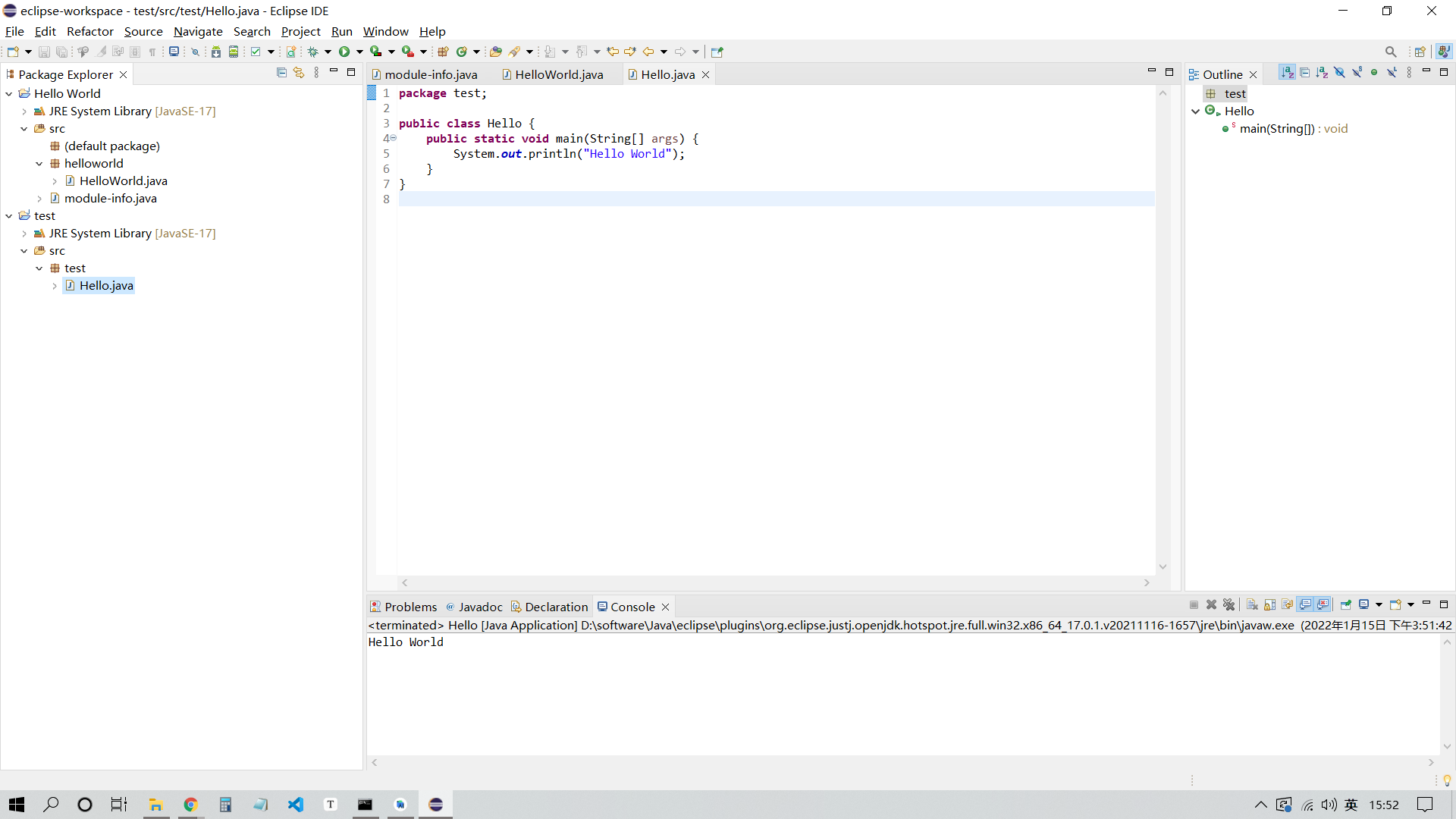 Eclipse创建并运行Java程序输出Hello World_用eclipse开发工具编写一个java程序,要求类名为myname,并在控制台上显示"hell-CSDN博客