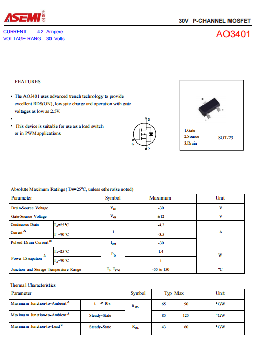 ASEMI场效应管AO3401参数，AO3401规格，AO3401特征-CSDN博客