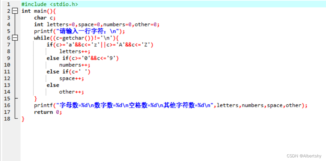 输入一行字符,分别统计出其中的英文字母、空格、数字和其他字符的个数(本题是谭浩强c语言程序设计第5章第4题)。 Csdn博客