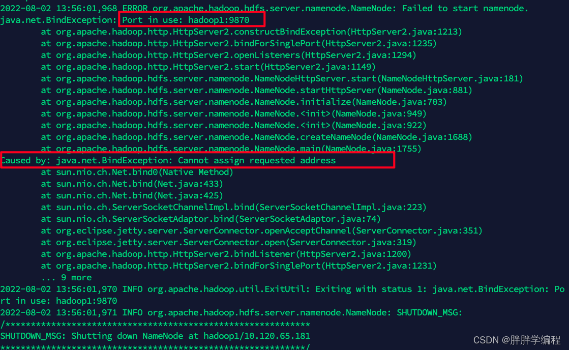 [hadoop3.1.2]无法启动namenode.Failed to start namenode.java.net.BindException: Port in use: hadoop1 ...