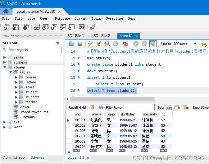 设student1表的表结构和样本数据与student表相同_利用student表创建表s1,s1的结构与内容与student表完全相同-CSDN博客