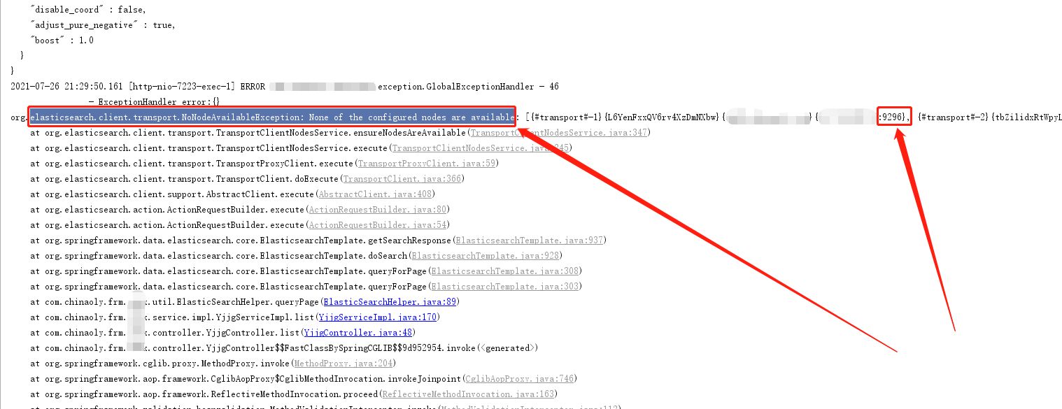 elasticsearch.client.transport.NoNodeAvailableException: None of the configured nodes are ...