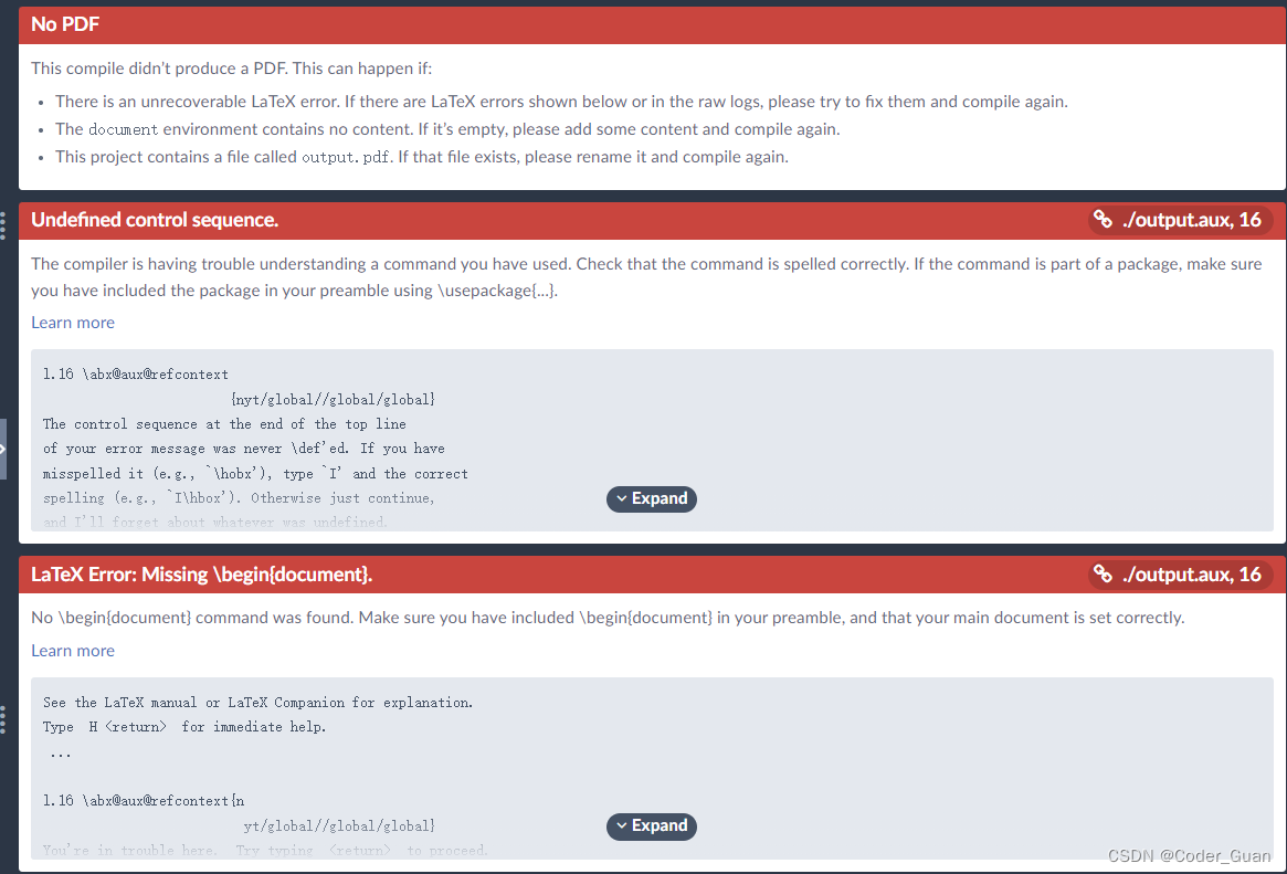 Overleaf无端报错No PDF This compile didn’t produce a PDF._此编译未生成 pdf。 在以下情况下可能会发生这种情况: 存在不可恢复的 latex ...