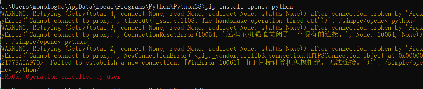 安装Python第三方库时遇到WARNING: Retrying (Retry(total=4, connect=None, read=None, redirect=None, status ...
