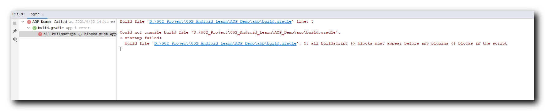 【错误记录】Android Studio 配置 AspectJ 报错 ( all buildscript {} blocks must appear before any plugins ...