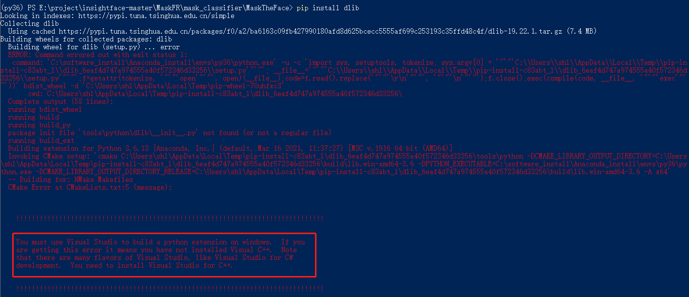 windows10下编译dllib报错： ERROR: Failed building wheel for dlib-CSDN博客