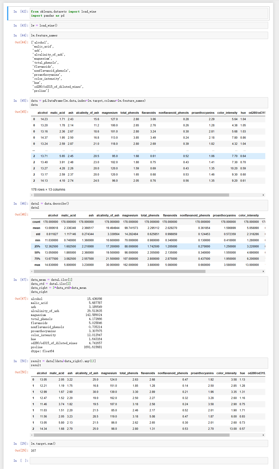 Python数据预处理：1.异常值检测 加载 sklearn 自带红酒数据集（wine）。检测其中的异常值（判断标准：与平均值的偏差 超过 3 倍标准差的数值）。提示：用数据生成 pandas ...