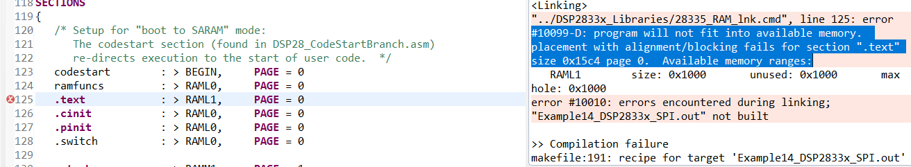 关于DSP28335CCS6编译报错error #10099-D: program will not fit into available memory ...