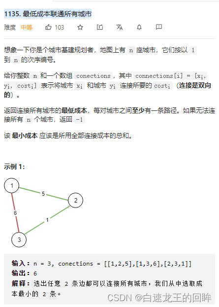 Leetcode：1135 最低成本联通所有城市【最小生成树kruskal算法实现 联通分量判断 并查集贪心实现kruskal】 Csdn博客