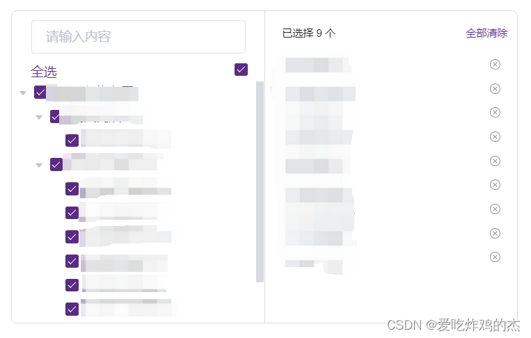 VUE el-tree组件左边勾选，右边清除交互_el-tree怎么获取选中的节点,组成一个列表,并能实现左右交互-CSDN博客