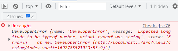 Cesium 报错：Check.js:76 Uncaught DeveloperError {name: ‘DeveloperError‘, message: ‘Expected ...