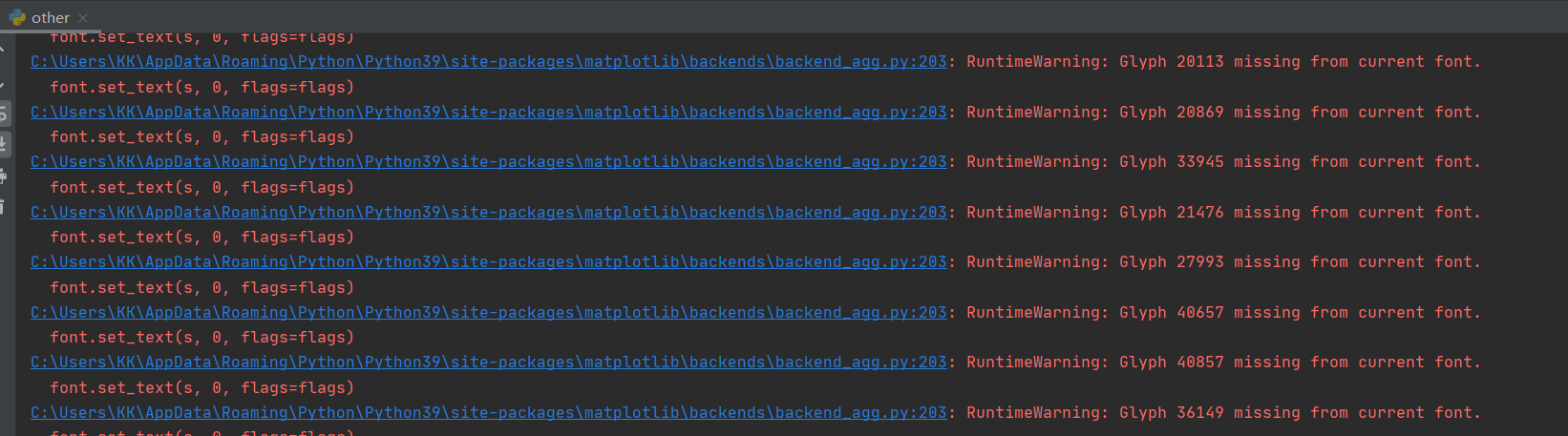 解决matplotlib绘制图表中文不显示问题:RuntimeWarning: Glyph 40657 missing from current font.font.set_text()_不 ...