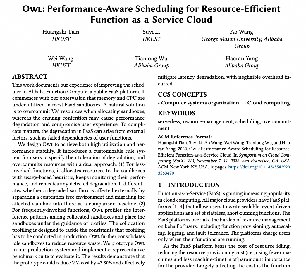 又一创新！阿里云 Serverless 调度论文被云计算顶会 ACM SoCC 收录_owl: performance-aware scheduling for resource-eff-CSDN博客