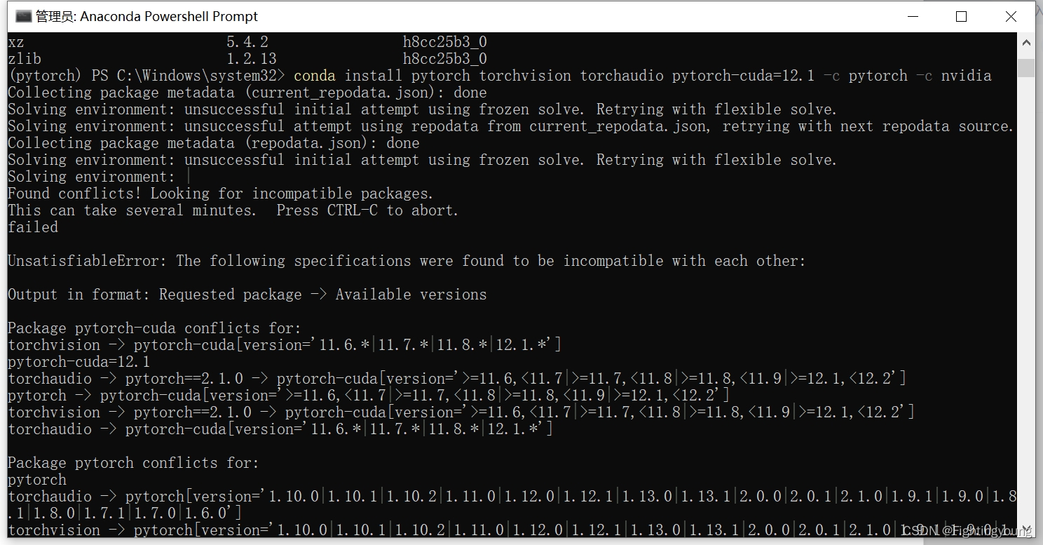 【Anaconda安装pytorch出现Found conflicts! Looking for incompatible packages.】-CSDN博客