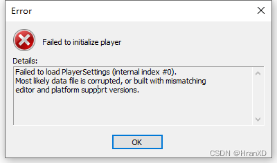 Failed to load PlayerSettings (internal index #0). Most likely data file is corrupted, or built ...