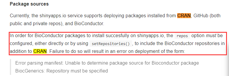 R shiny: 部署时遇到报错 Unable to determine package source for Bioconductor package XXX: Repository ...