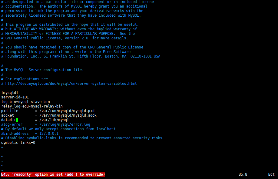vim 编辑时E45: ‘readonly‘ option is set (add ! to override)