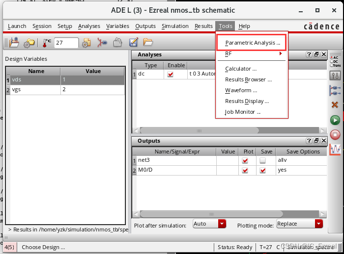 【Cadence Virtuoso】IC学习笔记1：基本操作（以NMOS特性曲线仿真为例）_virtuoso仿真-CSDN博客