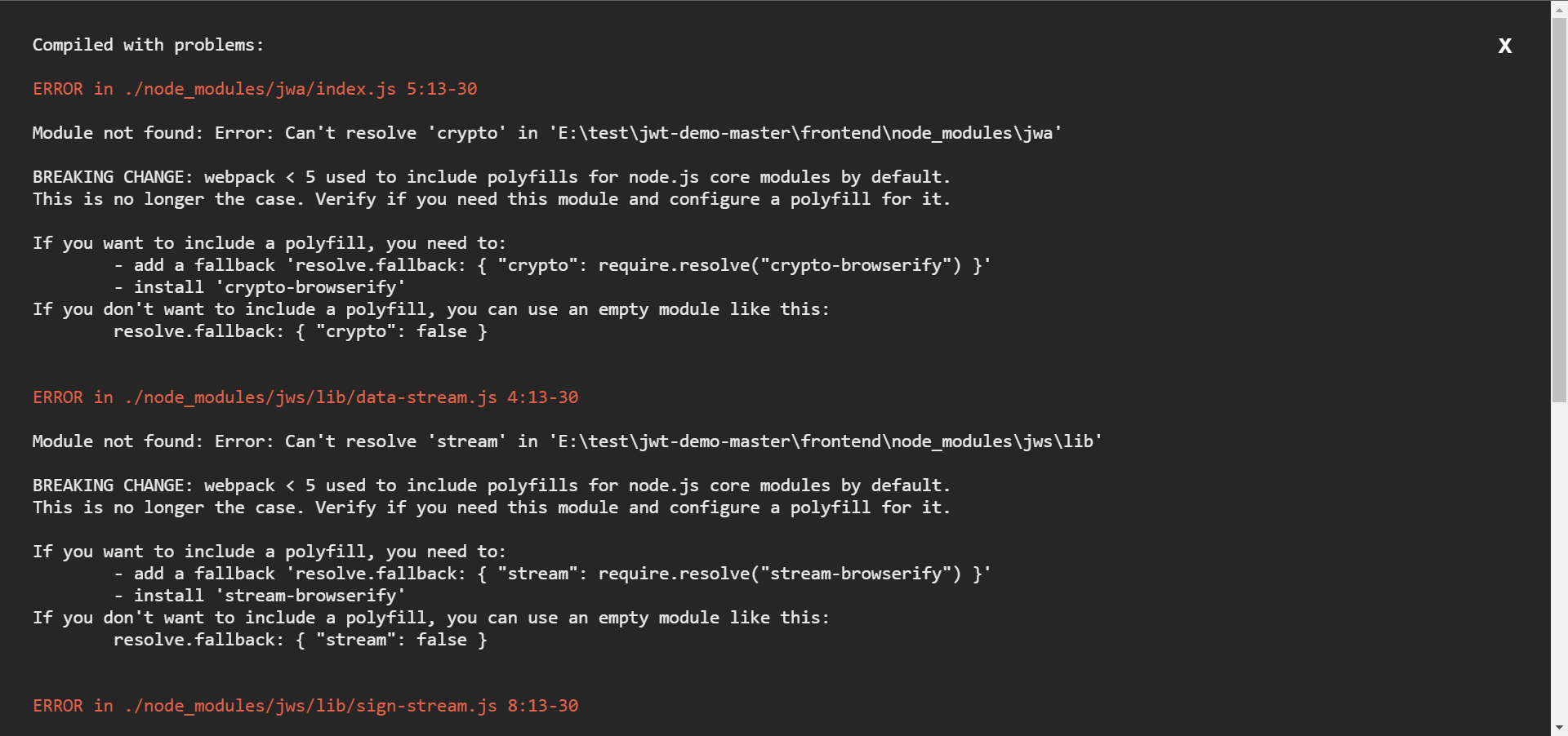 报错can‘t Resolve ‘crypto‘ In ‘etestjwt Demo Masterfrontendnodemodulesjwa‘cant Resolve 