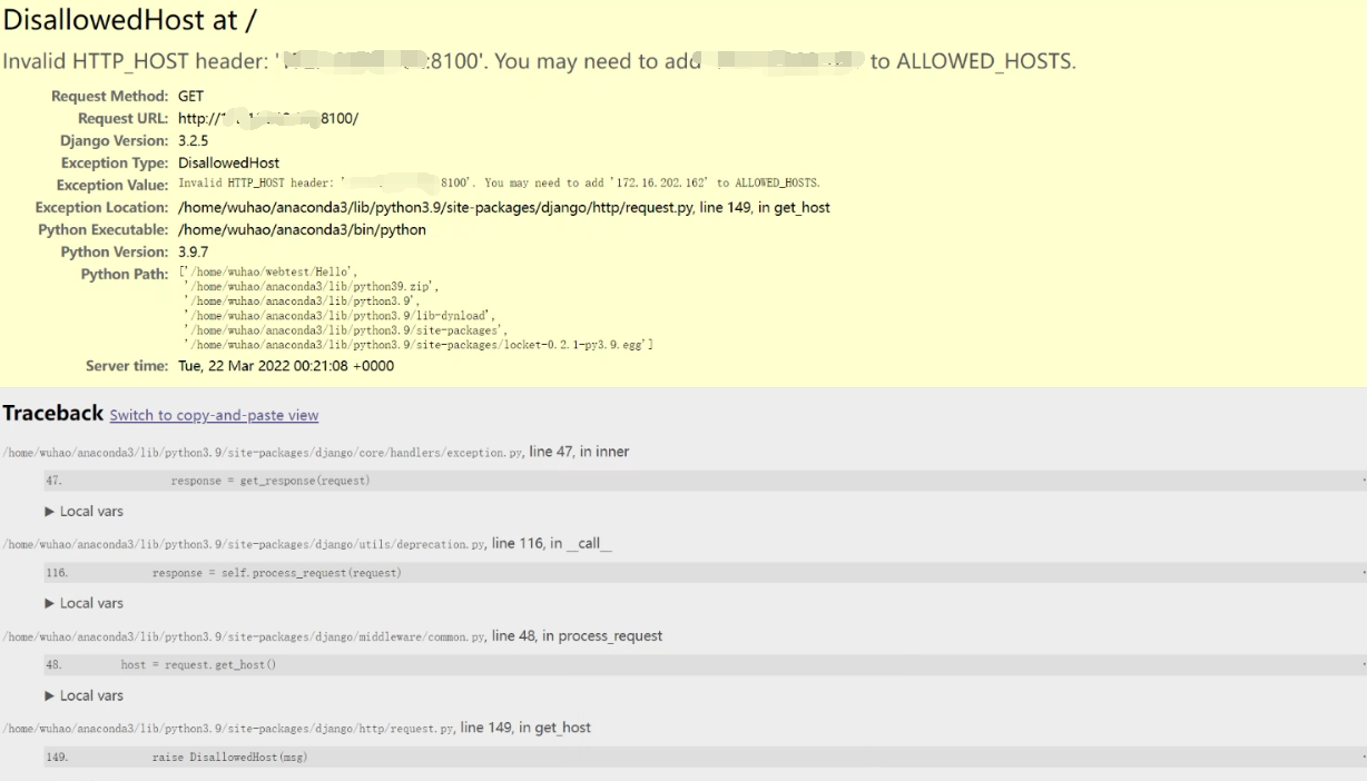 Django在linux下创建一个项目，出现Invalid HTTP_HOST header:“IP地址“.You may need to add ‘IP地址‘to ALLOWED_HOSTS ...