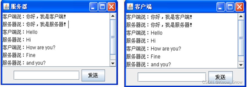 作业4:java综合编程,要求:编写带图形界面的聊天程序,实现让客户可以持续地发送消息给服务器,服务器也可以即时看到客户端发送的消息,并回消息给客户端。 程序运行界面如下:要求编写带图形 7292