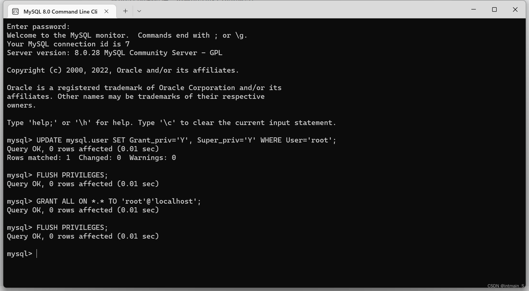 Mysql8.0 恢复root权限_mysql 把本地root权限修改没了怎么办-CSDN博客