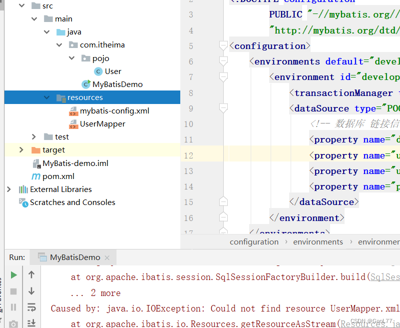 Caused by:java.io.IOException:Could not find resourse UserMapper.xml_cause: java.io.ioexception ...