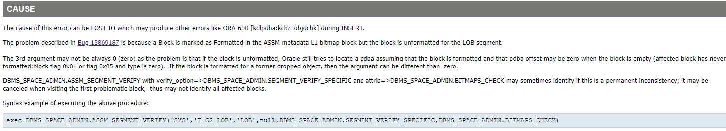 ORA-00600: internal error code, arguments: [25027], [1], [0 ...