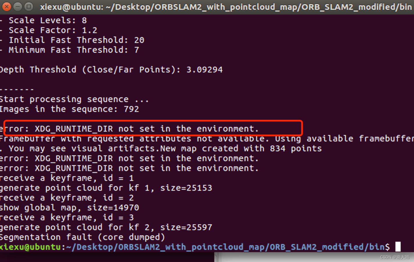 稠密建图orbslam2编译 （版本：ORBSLAM2_with_pointcloud_map）_error: xdg_runtime_dir not set in the ...