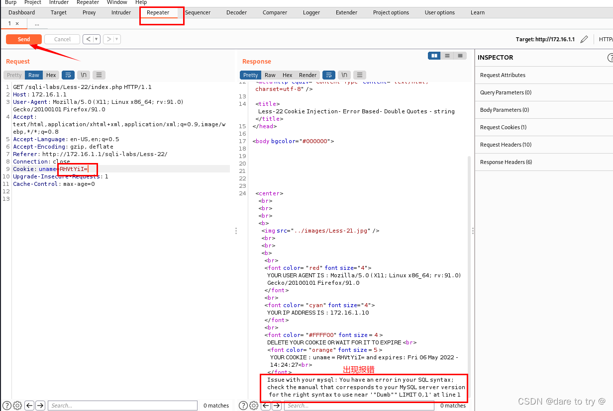 【SQL注入-11】base64注入案例—以Sqli-labs-less22为例（借助BurpSuite工具）_base64注入语句-CSDN博客
