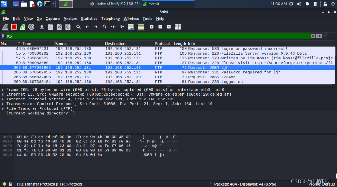 抓取FTP用户名及密码（kali与win7虚拟机双实验）_wireshark抓取ftp用户名密码-CSDN博客