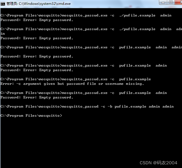 Mosquitto 设置用户异常mosquitto_passwd.exe -c pwfile.example admin 创建用户不成功，总是提示： Password:Error:Empty ...