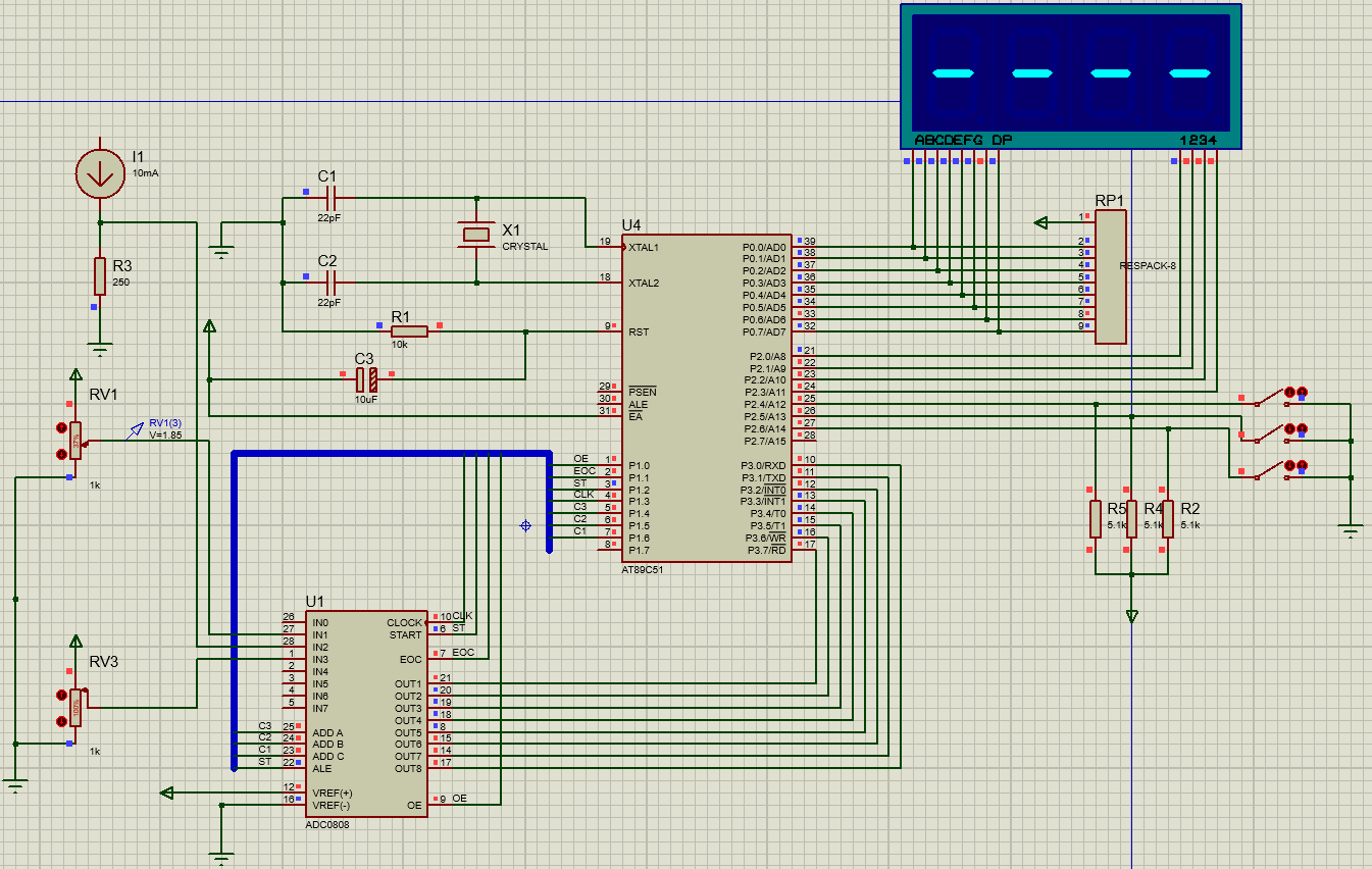 proteus仿真 C51与ADC0809数模转换：万用表(电压、电流、电阻)数码管显示_proteus万用表-CSDN博客
