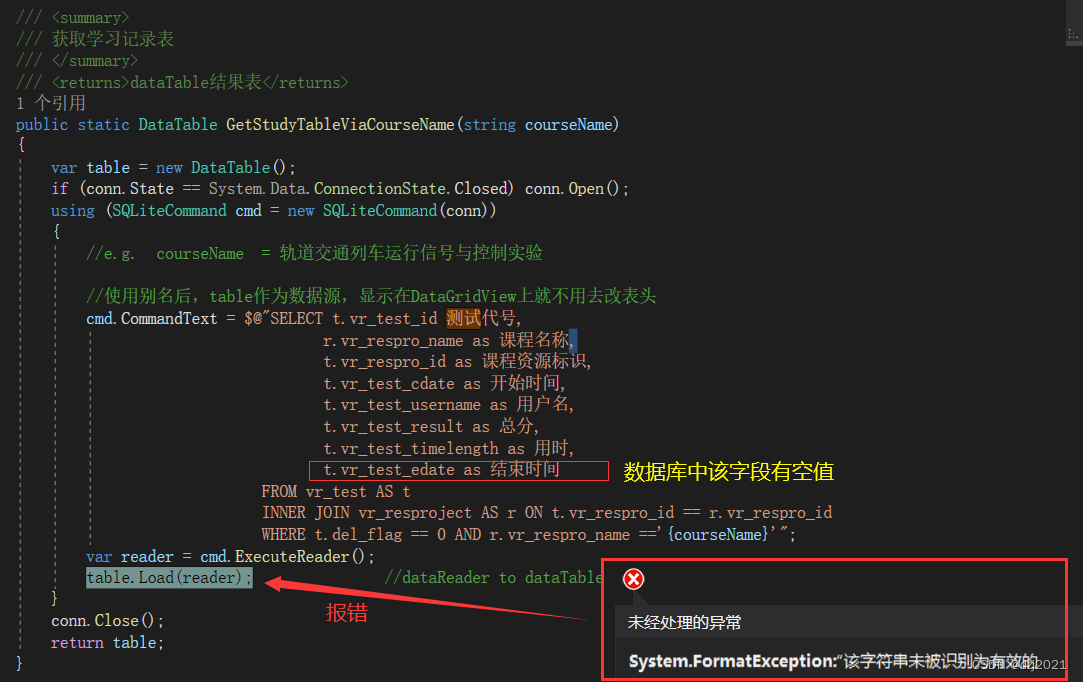 Sqlite数据库中提取数据到datatable表中时datetime列报错:system Formatexception 该字符串未被识别为