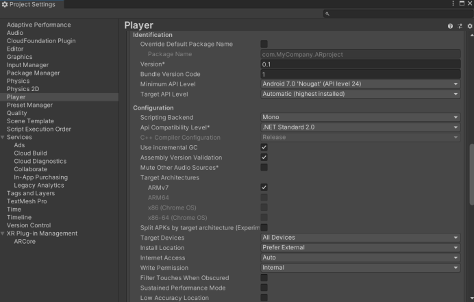 ARMv7 is not compatible with the ARCore version included when using the “Include ARCore Library ...