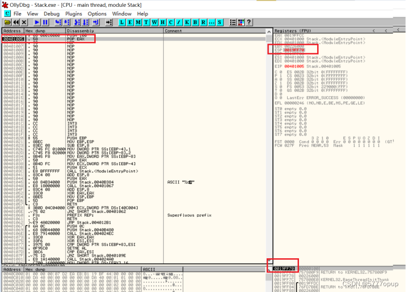 【逆向工程核心原理】第五章——栈及栈操作示例（OllyDbg中栈压入或弹出数据时栈顶指针的变化规律）_push pop栈顶指针变化-CSDN博客
