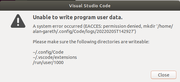 ubuntu vscode安装后无法打开报错 Unable to write program user data A system error occurred(EACCES ...