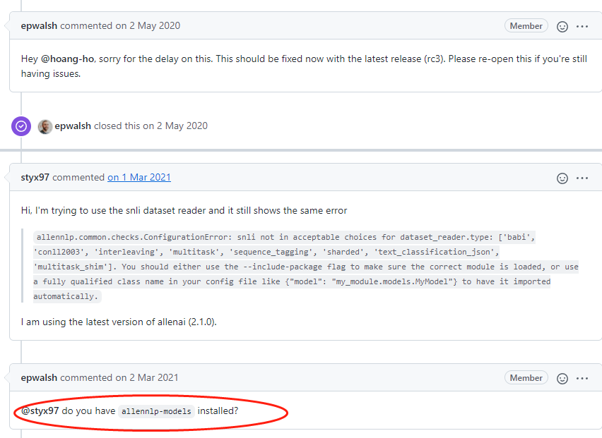 使用allennlp遇到的问题：allennlp.common.checks.ConfigurationError: snli not in acceptable choices for ...