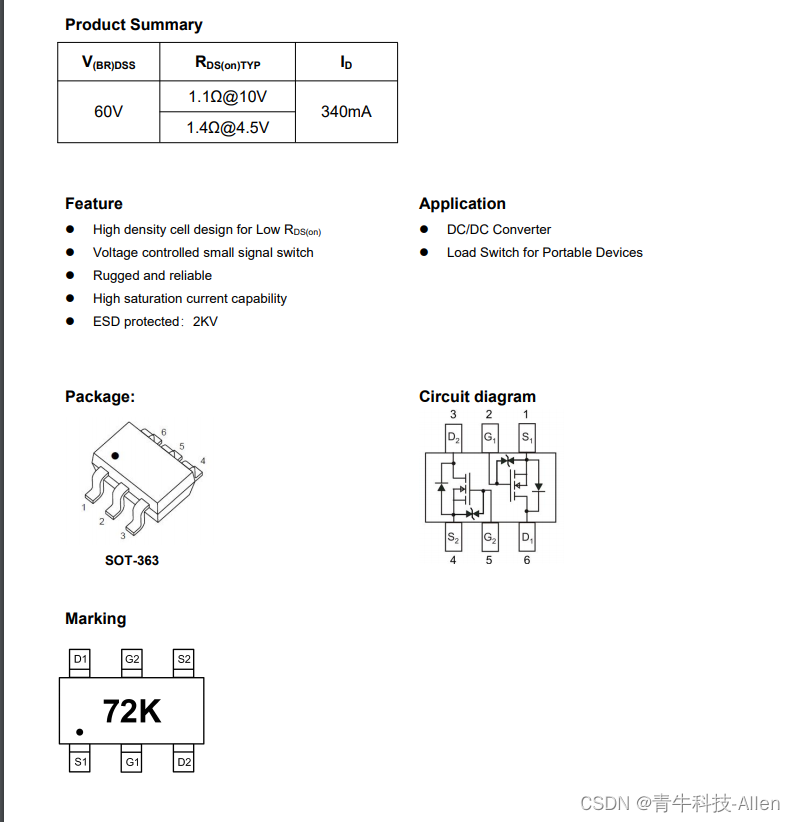 中低压MOSFET 2N7002KDW 60V 340mA 双N沟道 SOT-363封装_2n7002kdw应用电路-CSDN博客