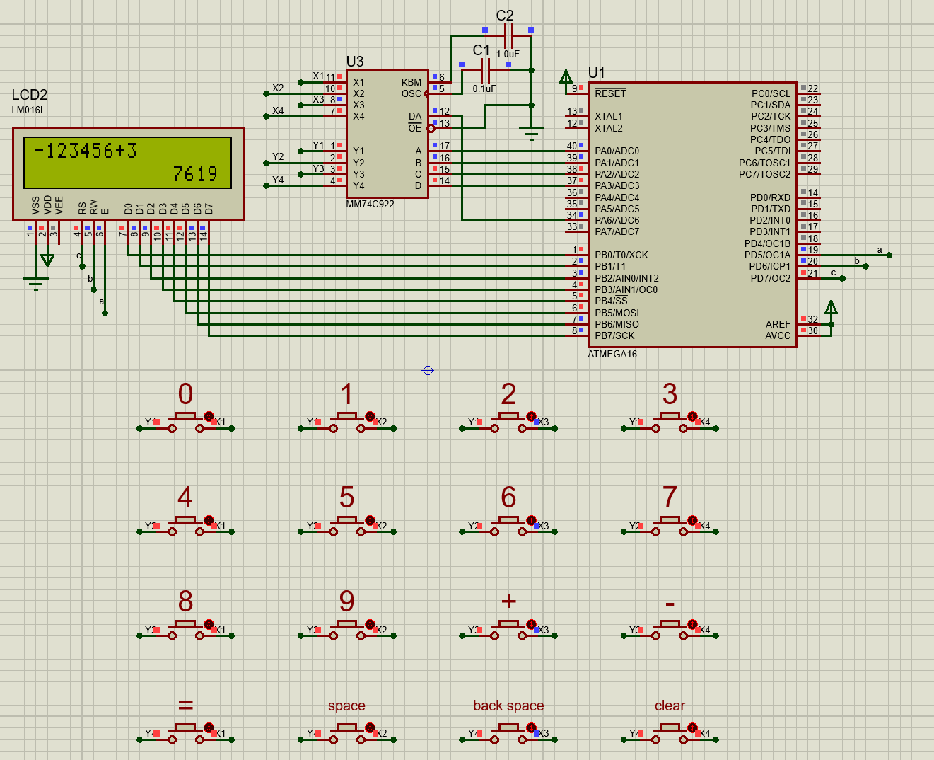 使用atmega16，lcd1602，MM74C922芯片，4x4矩阵键盘，实现加减计算器仿真_使用4*4矩阵键盘作为输入,在lcd1602液晶显示屏上显示计算过程与计算结果,能实现加-CSDN博客
