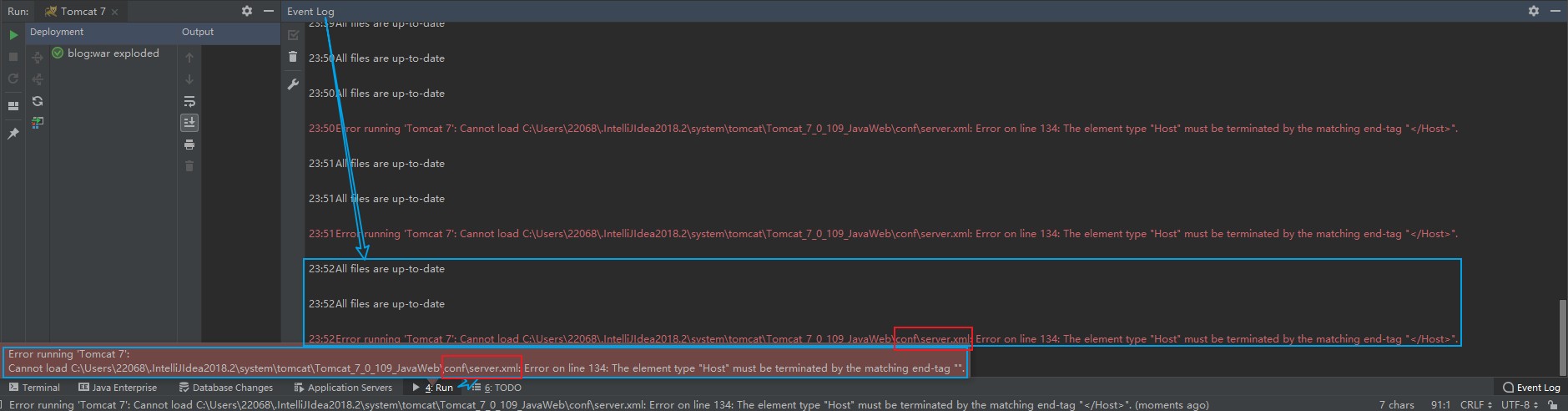 IDEA运行tomcat时报错:The element type “Host“ must be terminated by the matching end-tag “＜/Host＞“.-CSDN博客