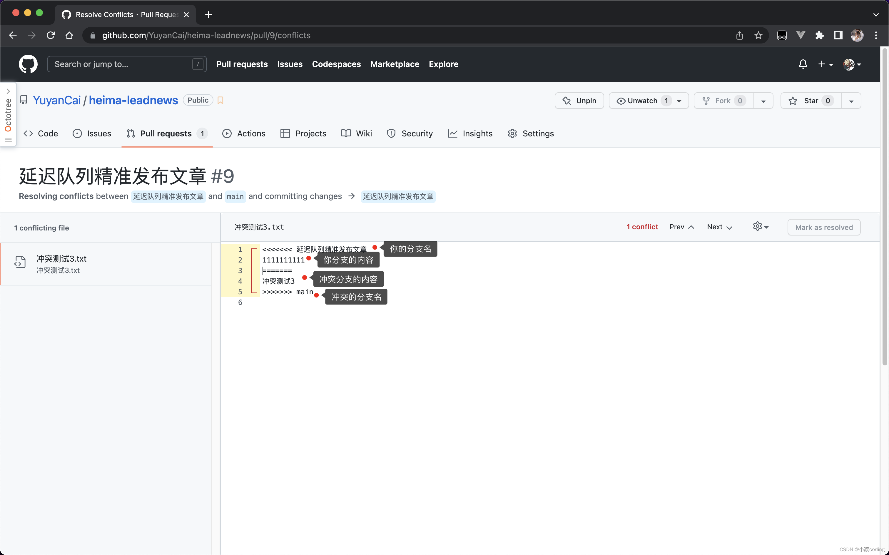 Github在线解决代码冲突（图文并茂）_github resolve conflict-CSDN博客
