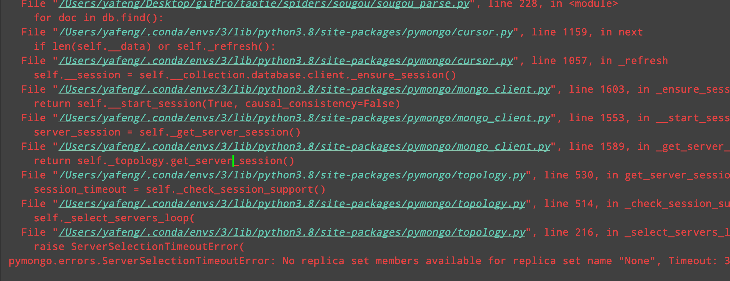 pymongo.errors.ServerSelectionTimeoutError_pymongo.errors.serverselectiontimeouterror: no rep-CSDN博客