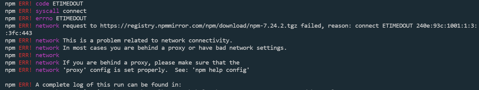 [npm]reason: connect ETIMEDOUT 240e:93c:1001:1:3::3fc:443_package-lock resolved failed, reason ...